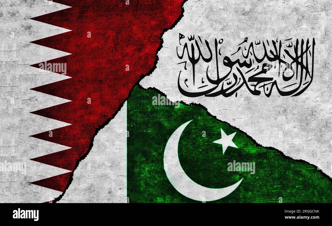 Qatar, Pakistan and Taliban painted flags on wall with crack ...