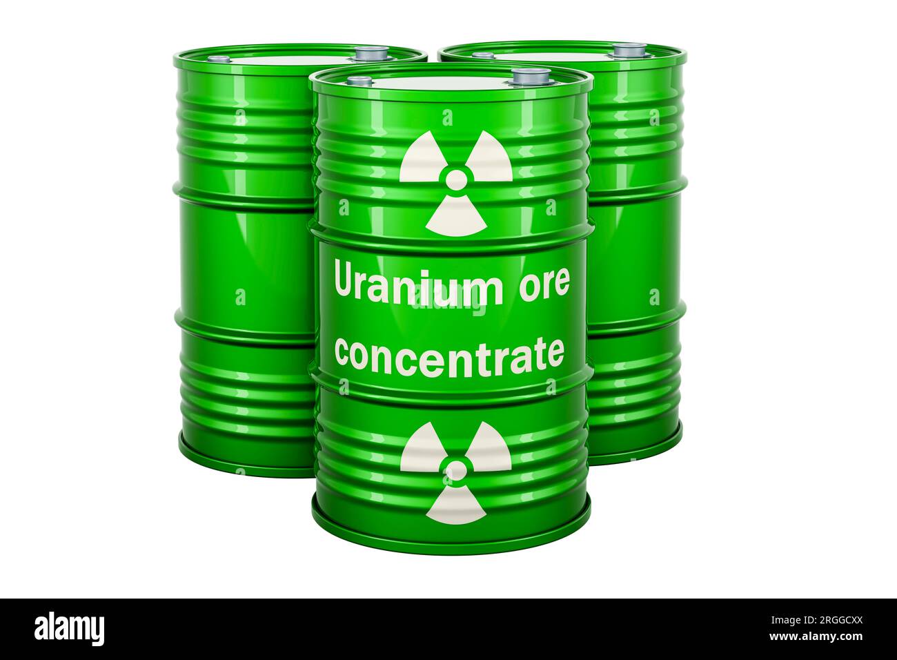 Green drums with uranium ore concentrates, 3D rendering isolated Stock ...
