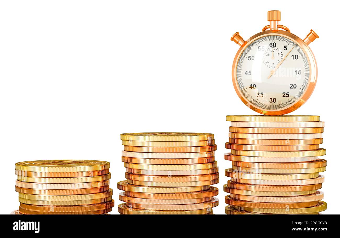 Stopwatch with stacks of growing gold coins. Time is money concept, 3D ...