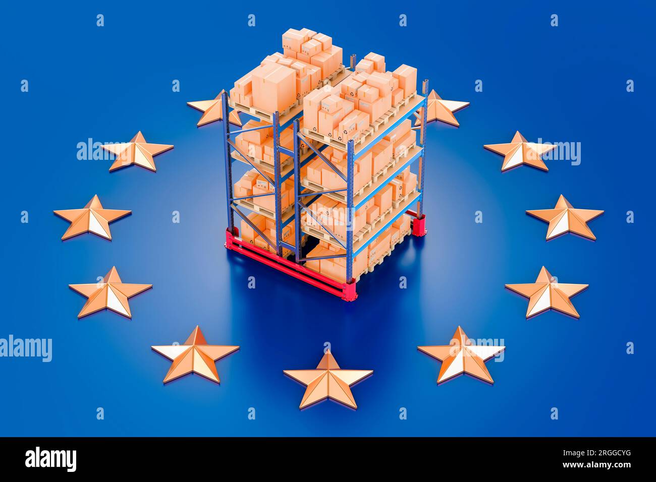 Pallet rack with parcels on the European Union flag. Shipping and ...