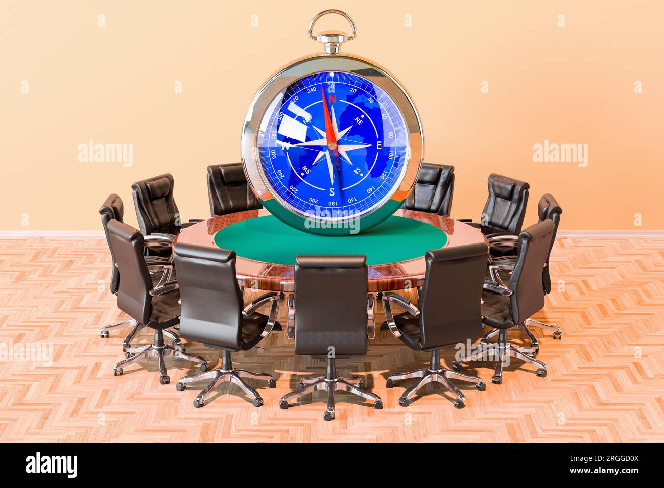 Round table with compass and armchairs around, 3D rendering Stock Photo ...