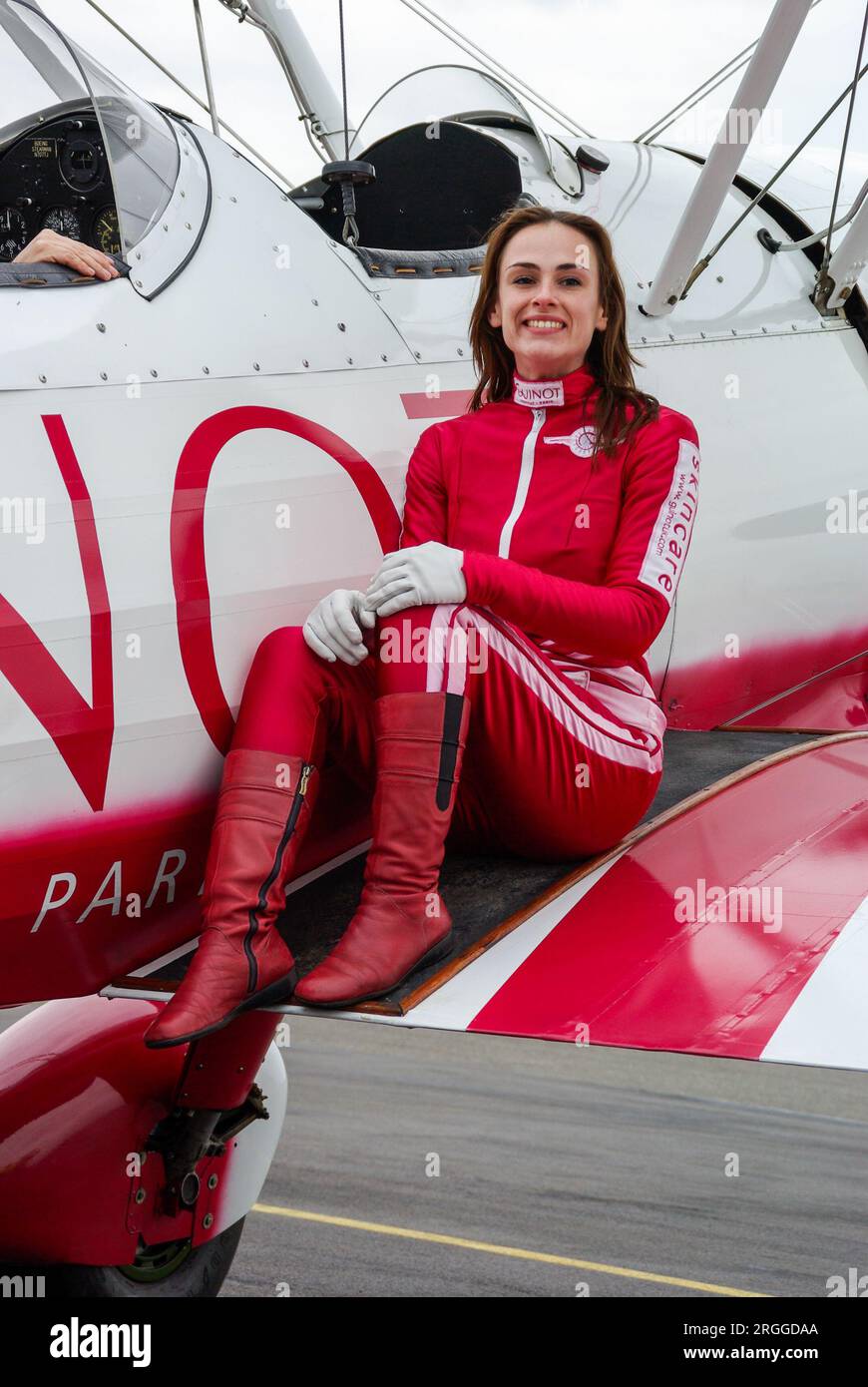 Sarah Tanner, wingwalker with Aerosuperbatics wingwalking team on wing ...