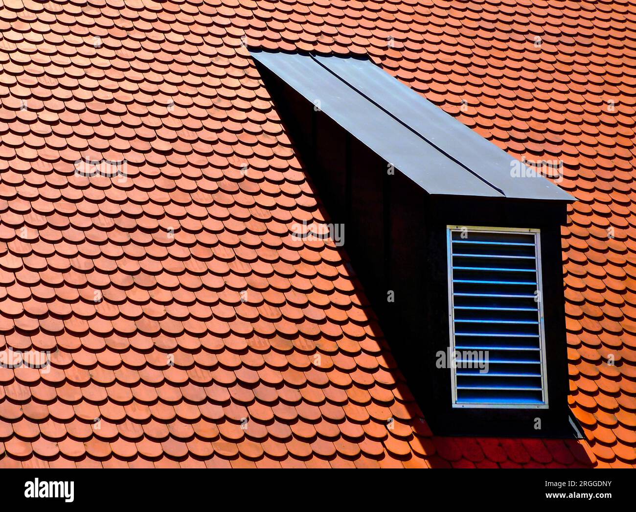 Sloped red clay tile roof with round beaver tail edge. black metal ...