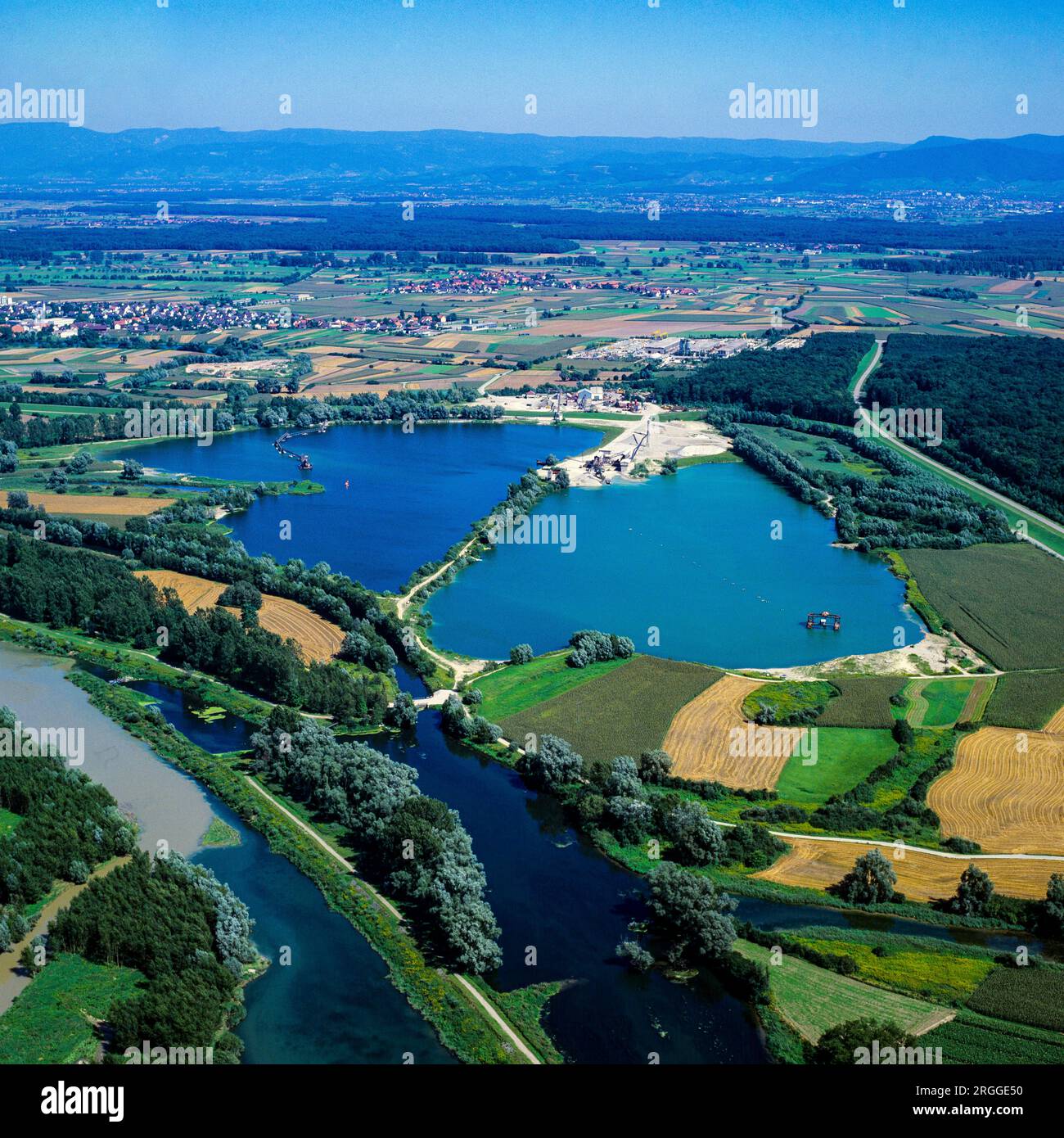 Gravel pit, pond, fields, forests, villages, aerial view, Alsace ...
