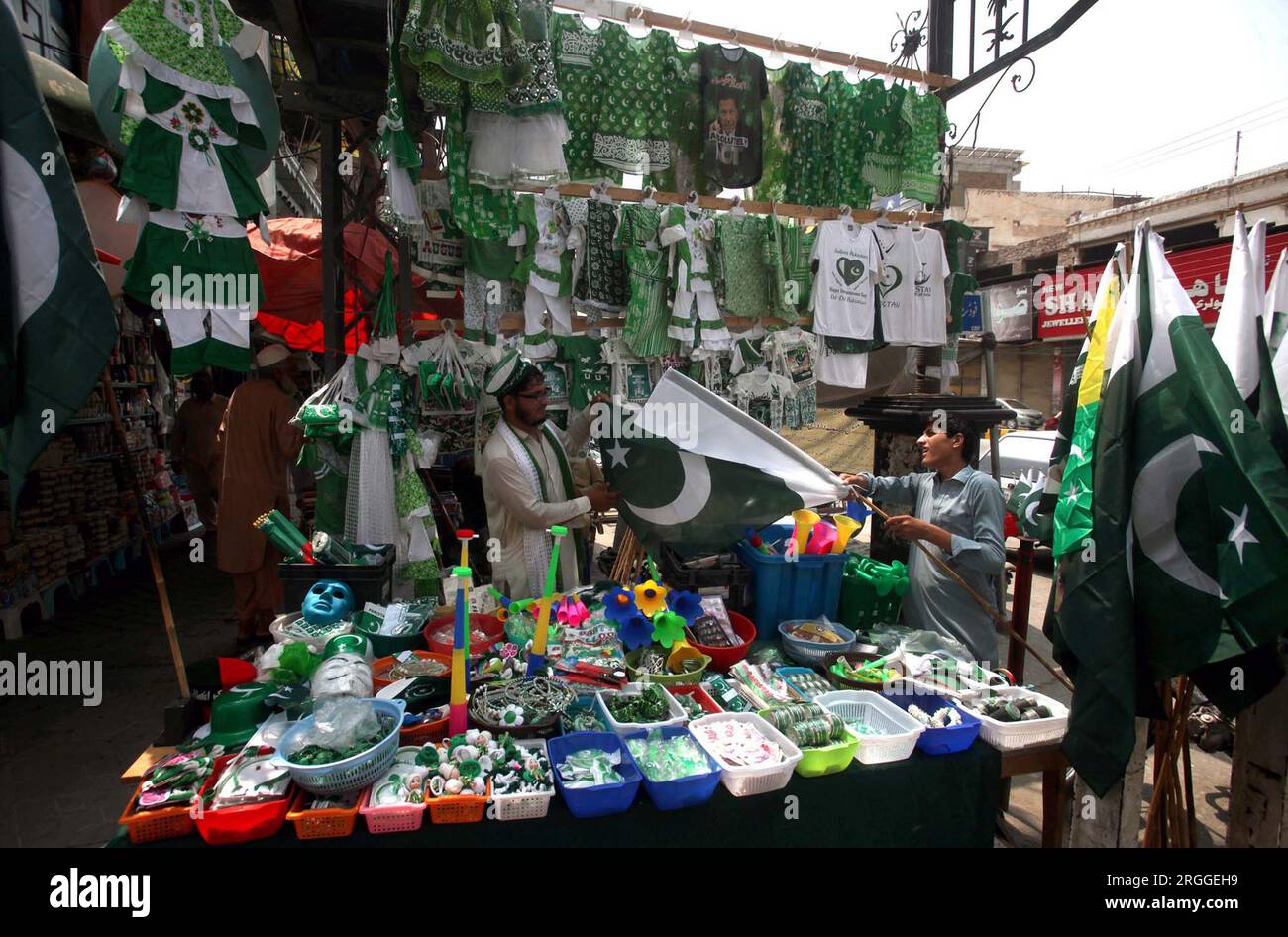 Pakistan flags, buntings, printed shirts and other items are being ...