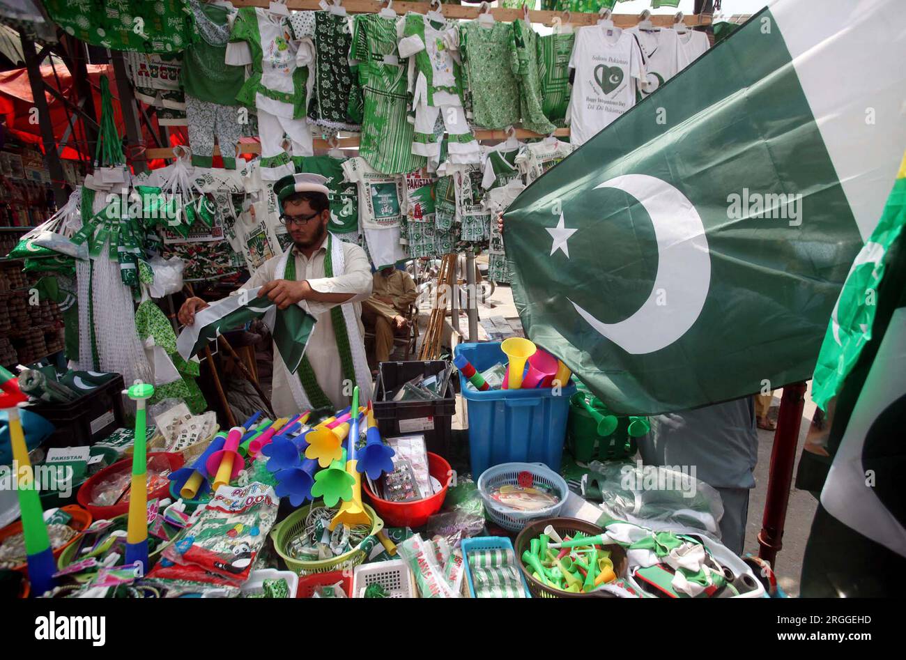 Pakistan flags, buntings, printed shirts and other items are being ...