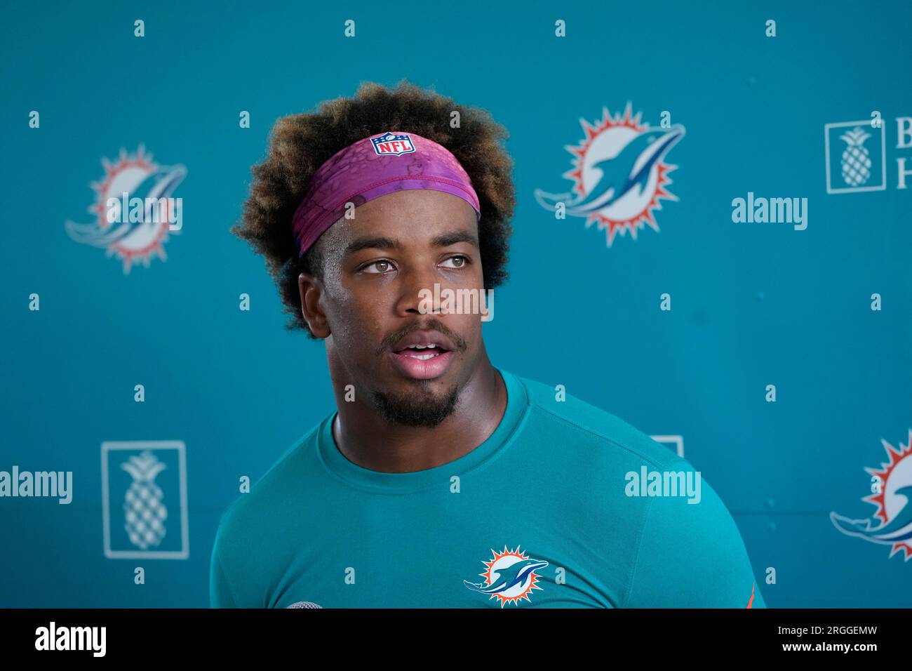 Miami Dolphins safety Jevon Holland speaks during a news conference ...