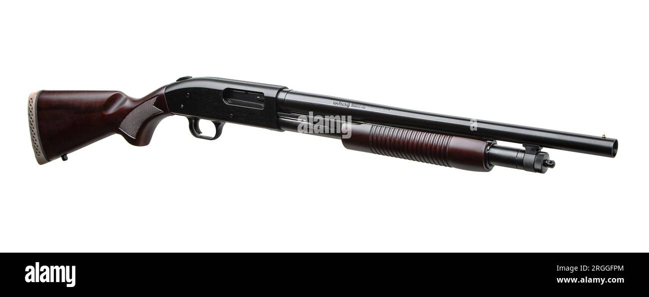 Pump-action 12 gauge shotgun isolated on a white background. A smooth ...