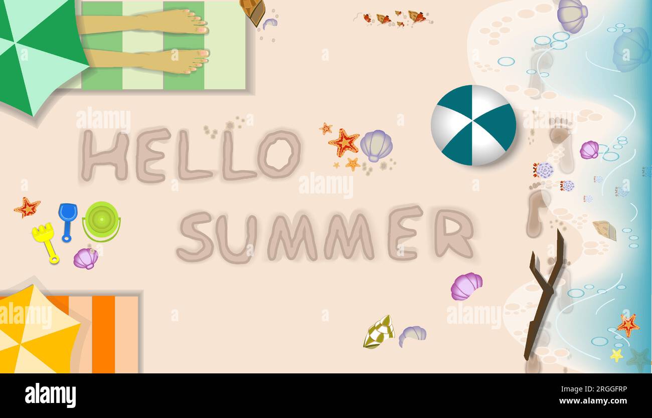 Hello summer with recreation banner background on sandy beach from the ...