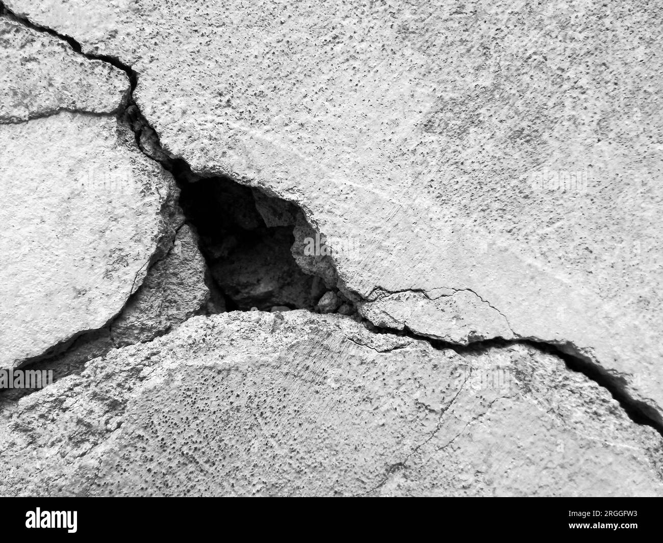 The surface of the wall of an old building with big cracks and ...