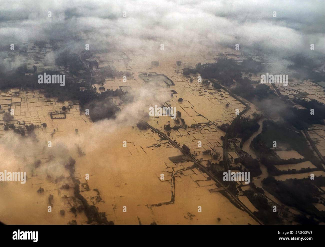 Dhanusha, Madhesh, Nepal. 9th Aug, 2023. An aerial view of flooded land ...