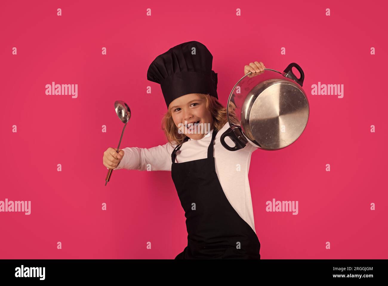 Fynny kid chef cook with cooking pot and ladle. Cooking children. Chef ...