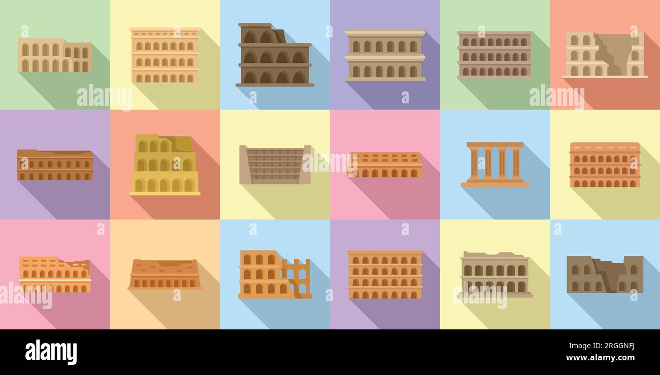 Amphitheater icons set flat vector. Arena ancient. Capital stadium ...