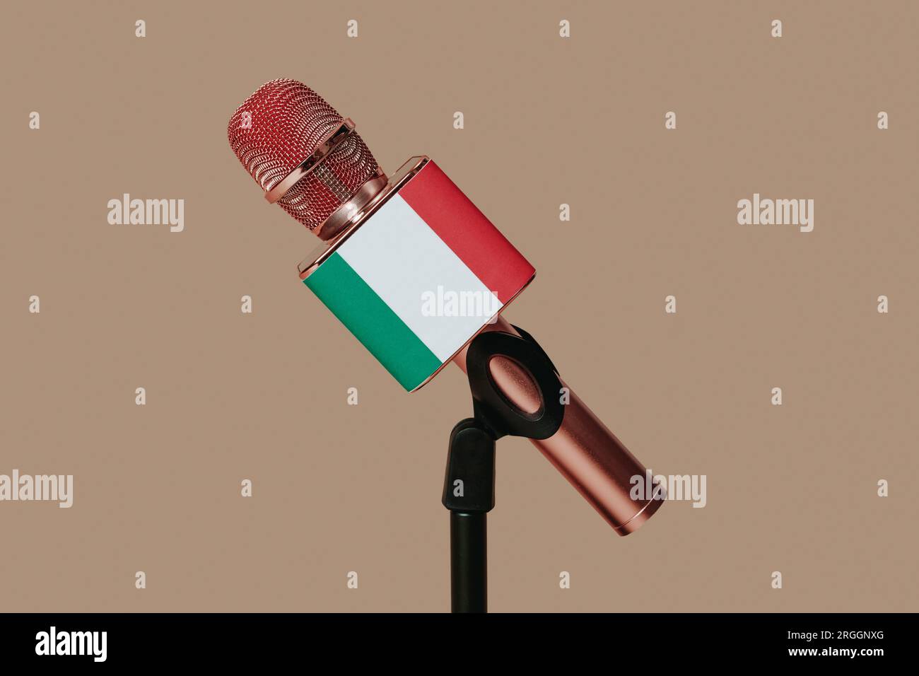 closeup of a microphone patterned with the italian flag placed in a ...