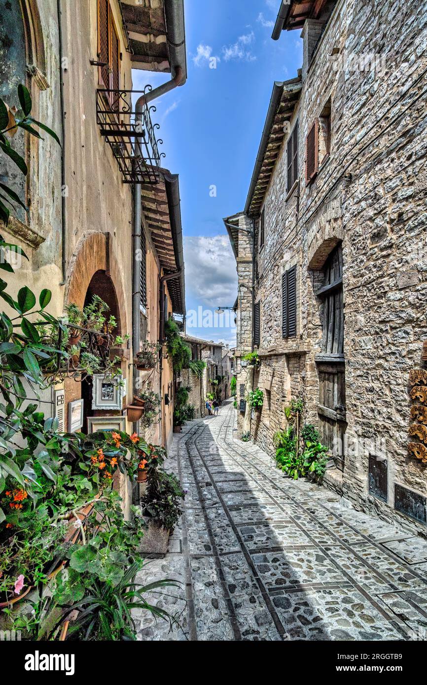 Town of Spello, Umbria, Italy. Characteristic narrow cobbled street ...