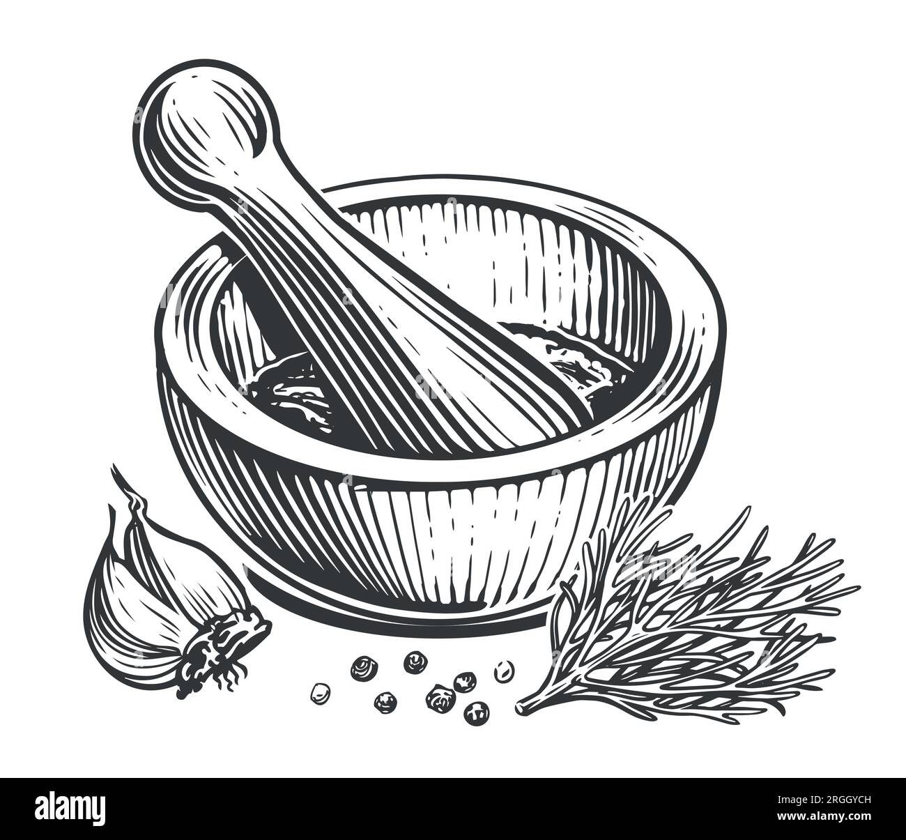 Wooden mortar with a pusher. Cooking spices for food. Sketch vintage ...