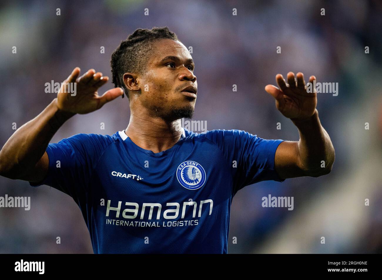 Gent, Belgium. 09th Aug, 2023. Gent's Gift Emmanuel Orban celebrates ...