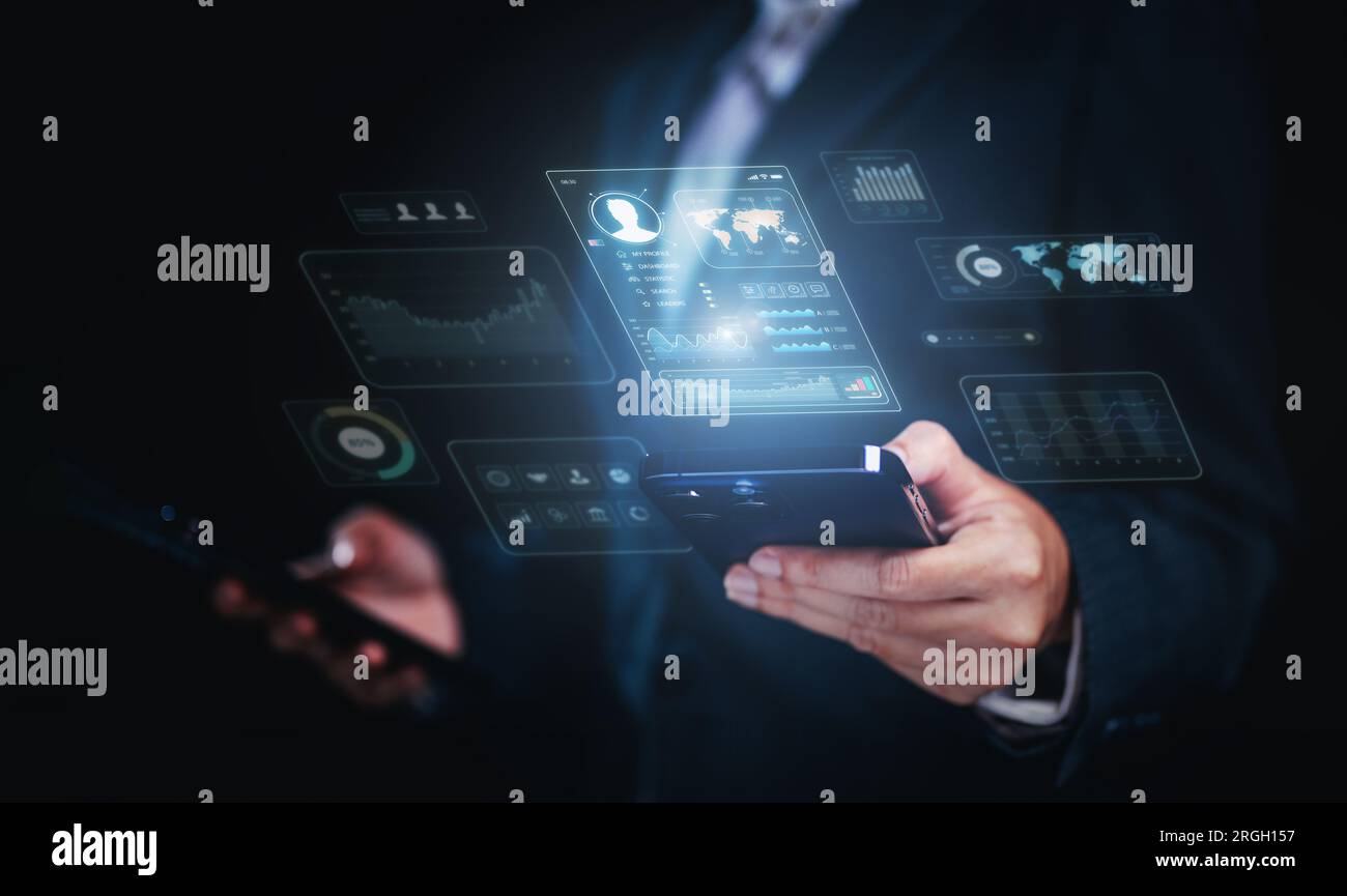 personal profile. Business virtual hologram icon screen on mobile ...