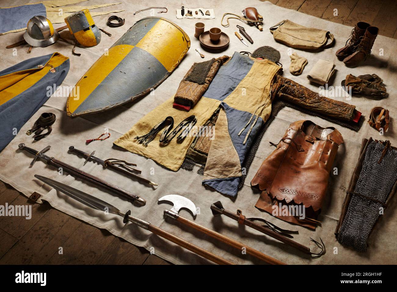 Collection of medieval weapons and equipment Stock Photo - Alamy