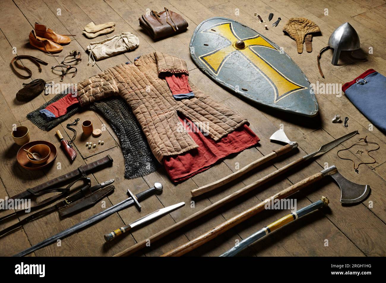 Collection of medieval weapons and equipment Stock Photo - Alamy