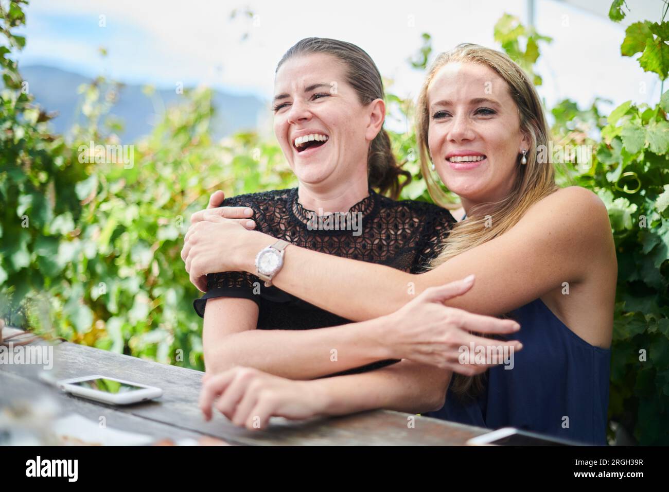 Smiling friends embracing at lunch Stock Photo - Alamy
