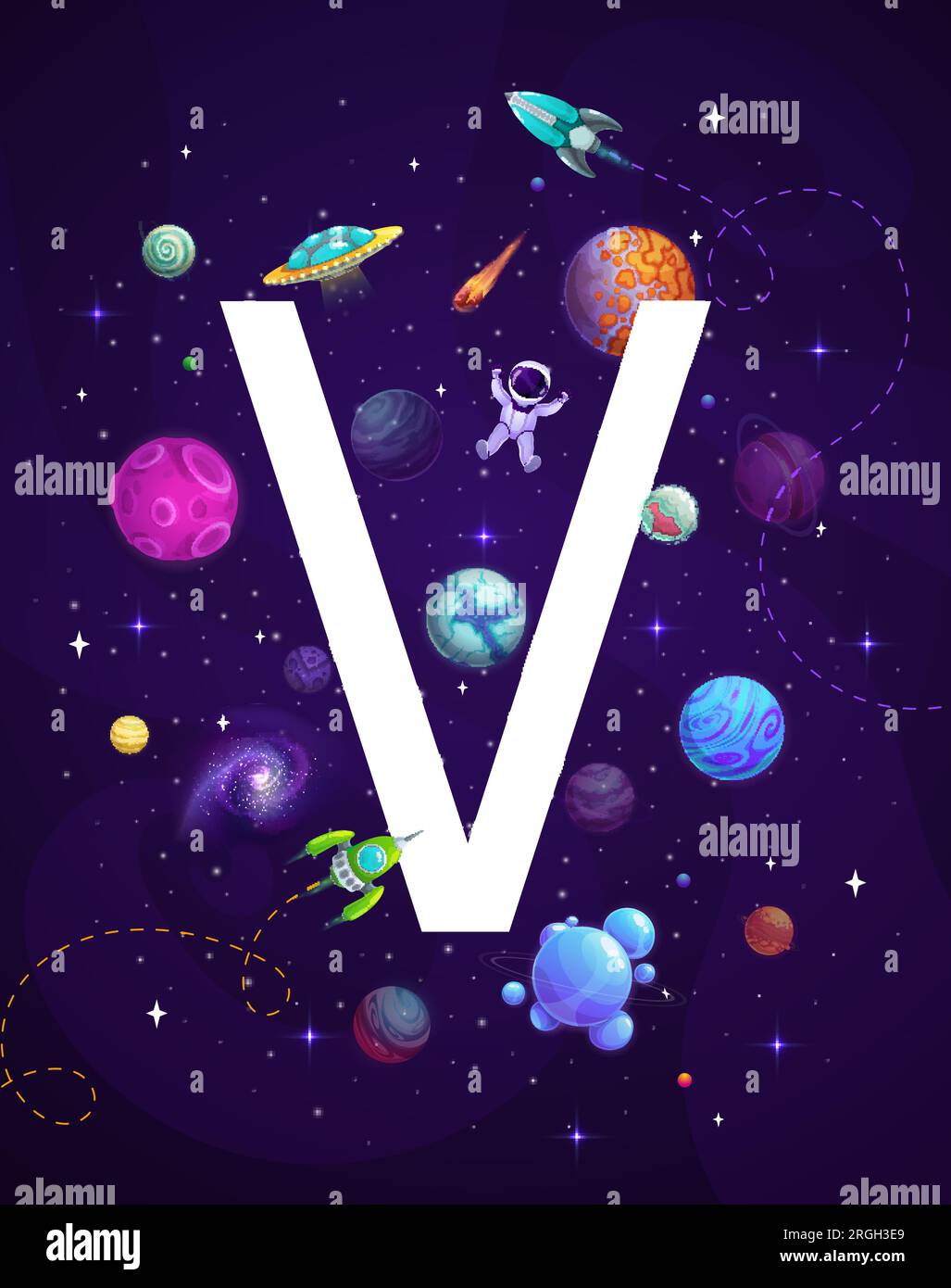 Cartoon space letter V vector poster with astronaut, planets, rockets ...