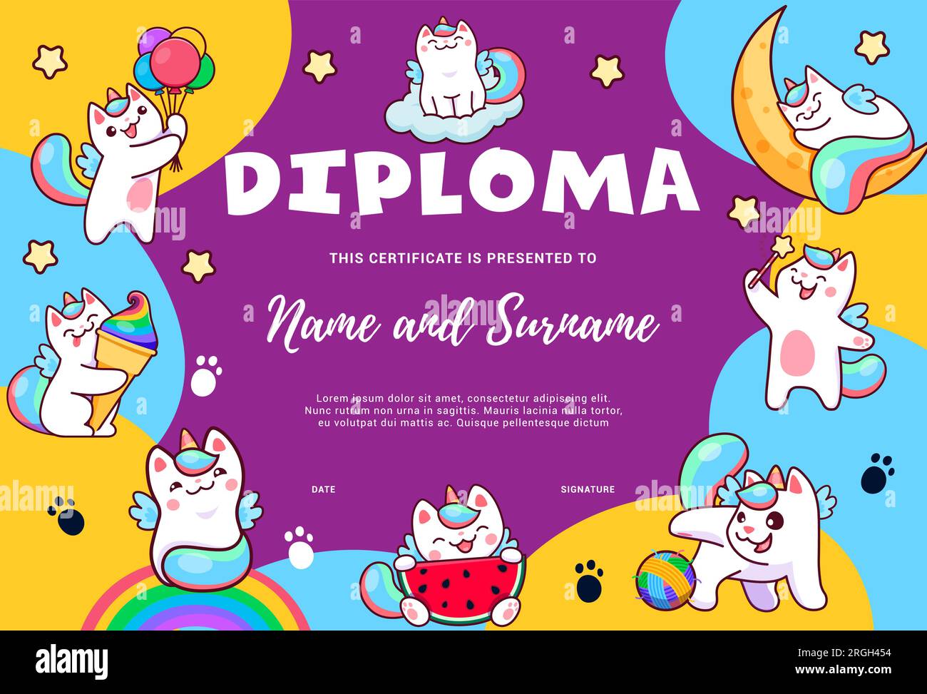 Kids diploma. Cartoon cute caticorn cats and kitten characters ...