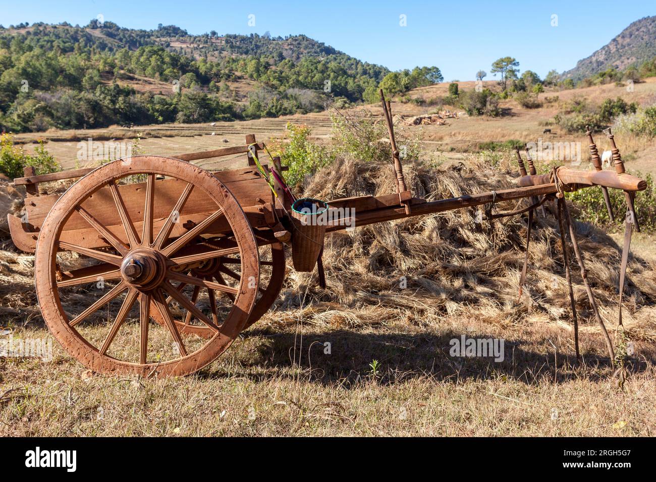 Old traditional wooden buffalo cart in a village in Myanmar Stock Photo ...