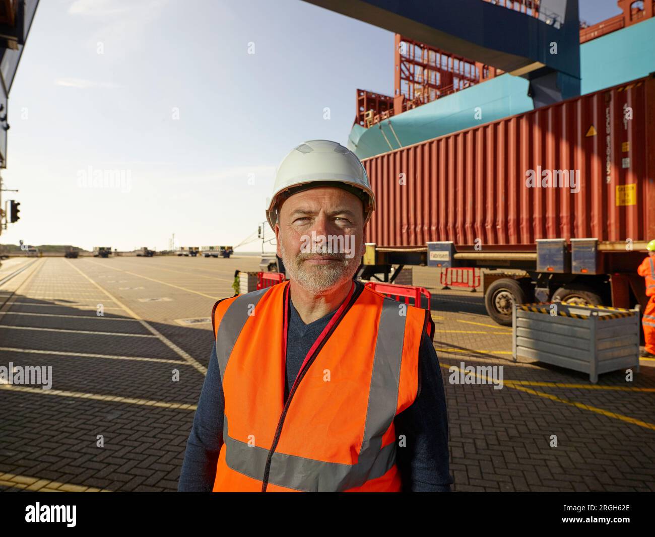 Dock worker by cargo container at Port of Felixstowe, England Stock ...