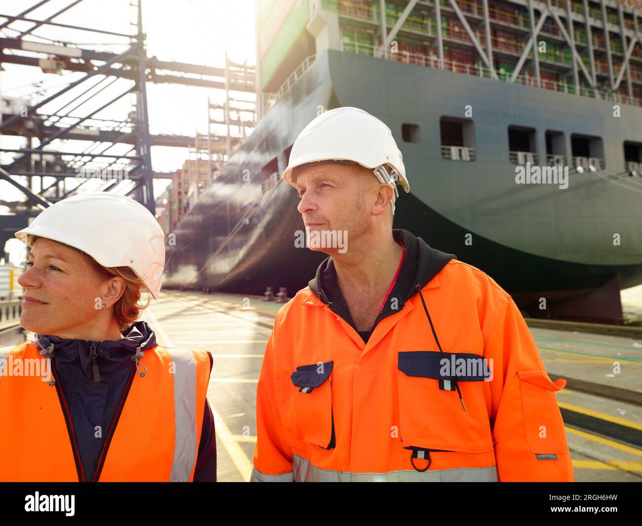 Dock workers by cargo ship at Port of Felixstowe, England Stock Photo ...