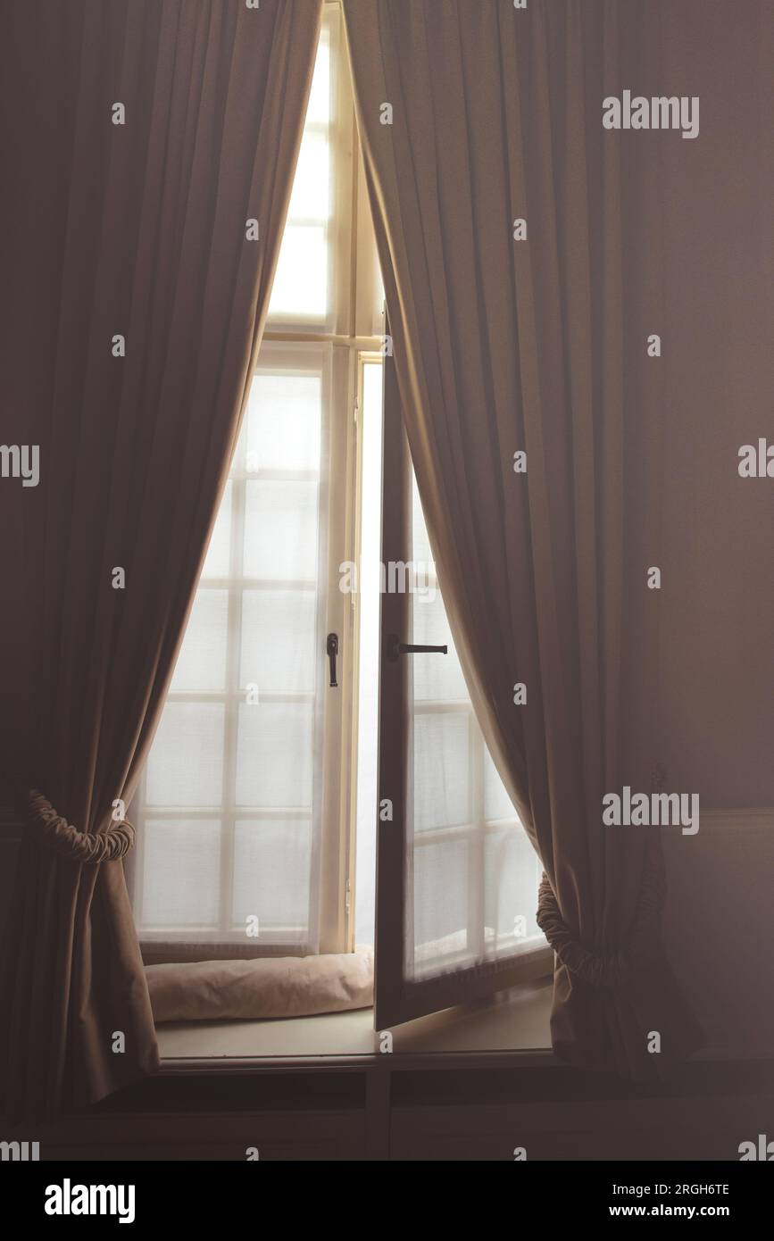 Open windows curtains hi-res stock photography and images - Alamy