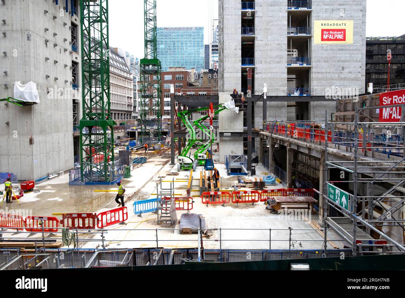 View of 1 Broadgate new building site under construction cranes ...