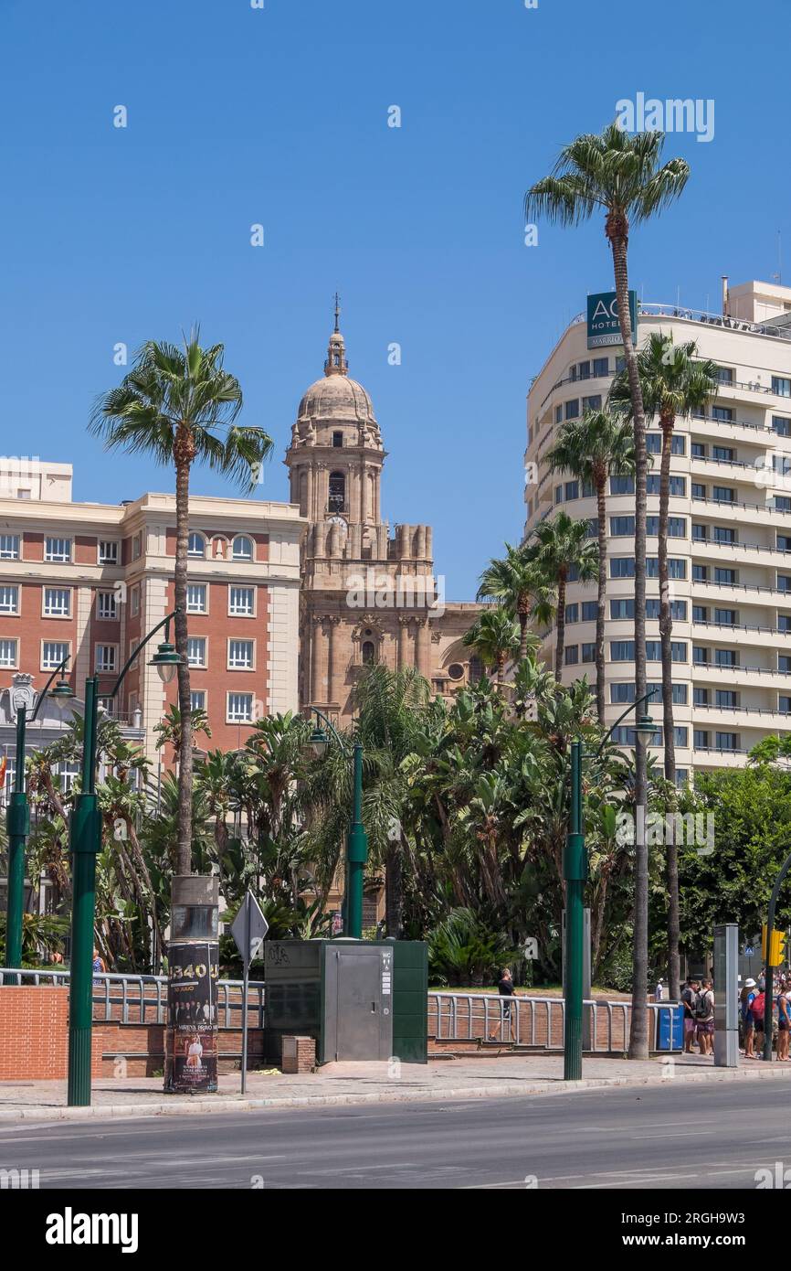 Maritime avenue and buildings on the waterfront of the city of Malaga ...