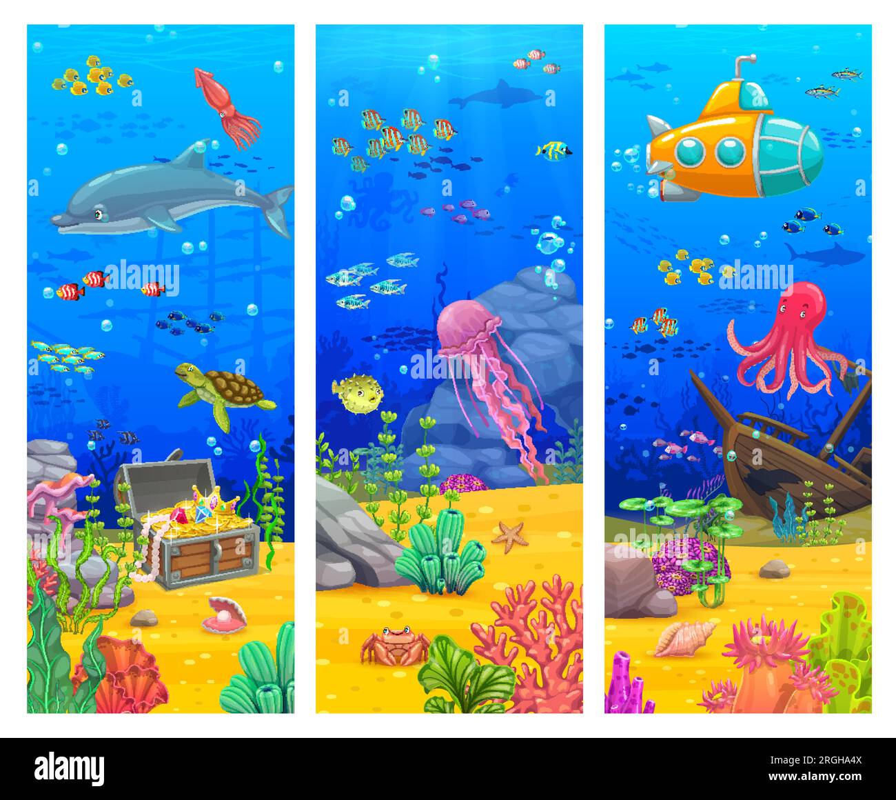Cartoon underwater landscape banners with sea fishes and ocean animals ...
