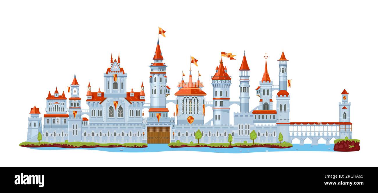 Medieval fortress castle wall and palace, gate, tower and turret ...