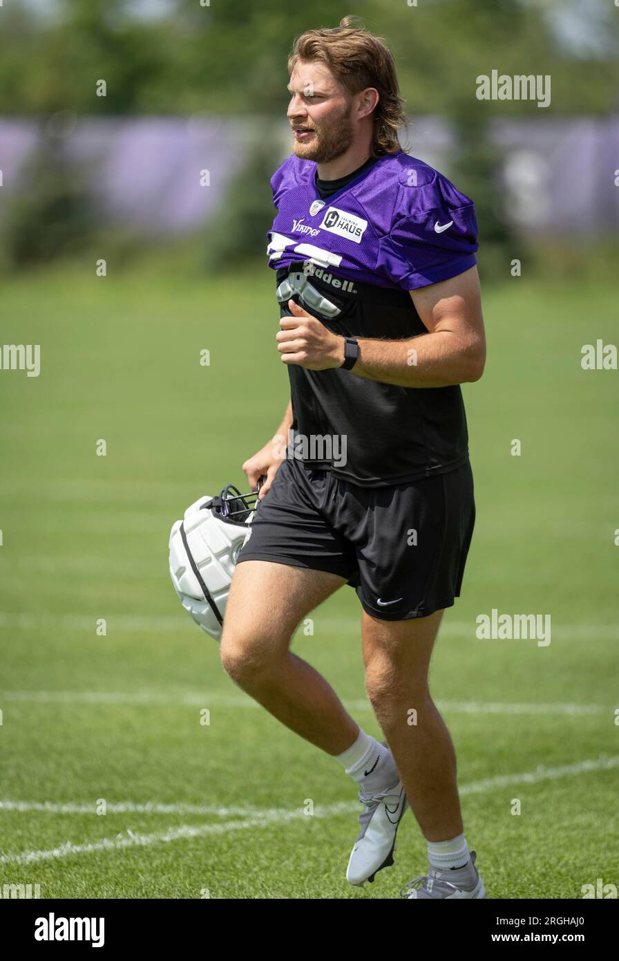 Minnesota Vikings linebacker Wilson Huber prepares for drills before an ...