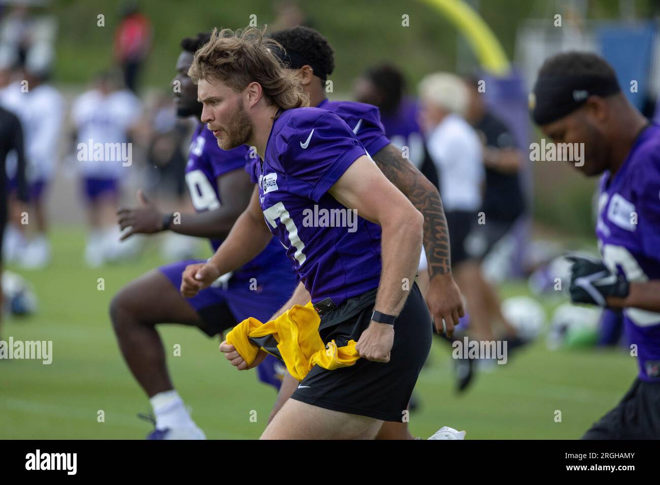 Minnesota Vikings linebacker Wilson Huber prepares for drills before an ...