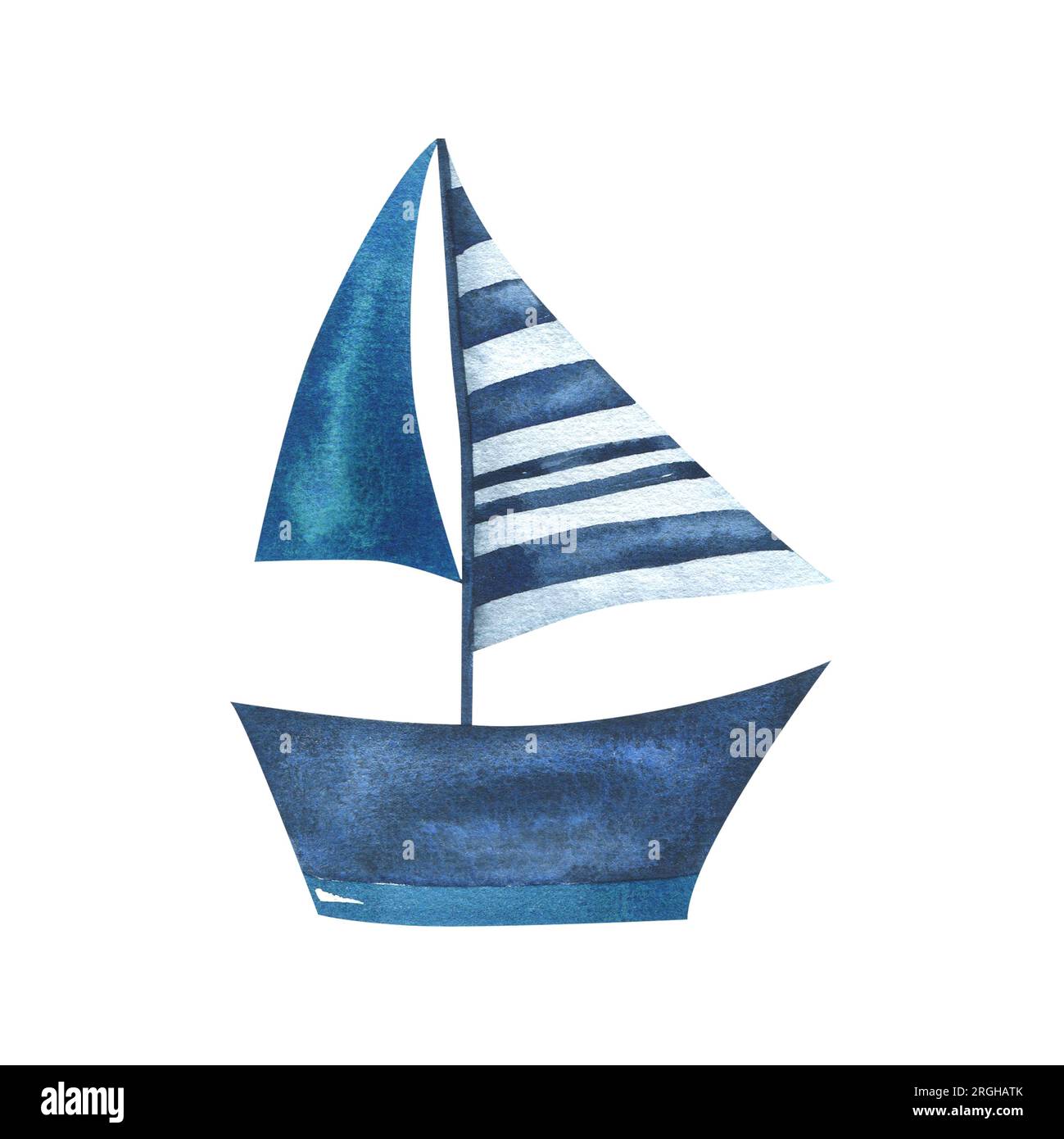 Nice blue boat with straped sails. Hand-drawn watercolor illustration ...