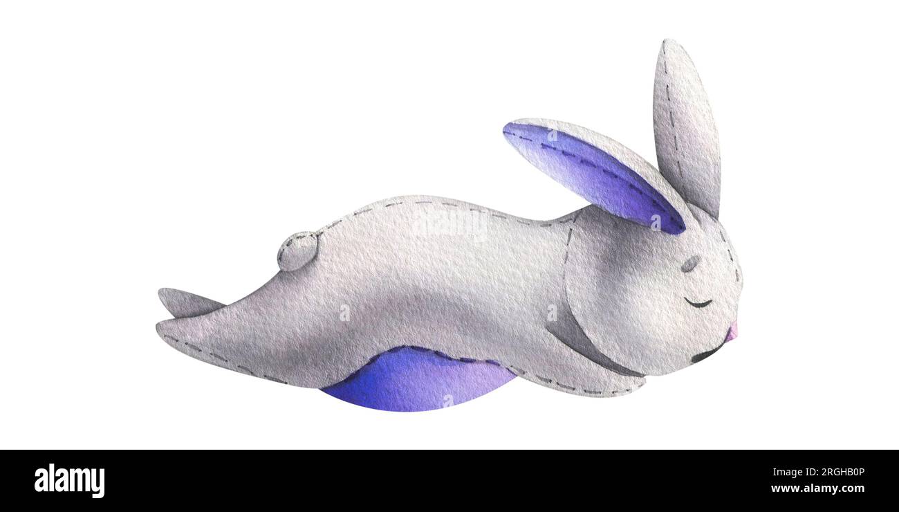 A cute sleeping flying gray bunny sewn from fabric with lilac ears and ...