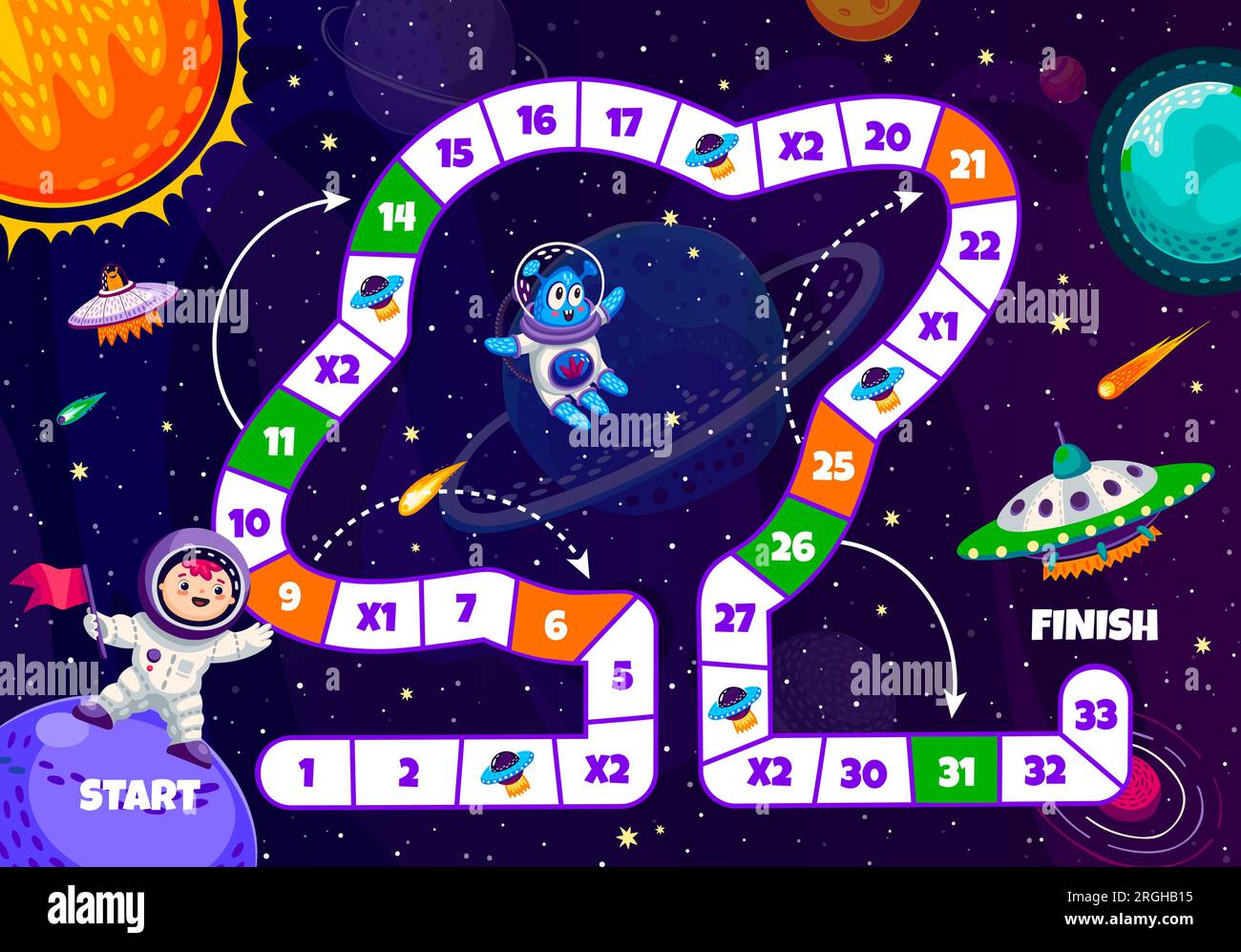 Kids board game. Cartoon astronaut, alien, spaceship and galaxy space ...