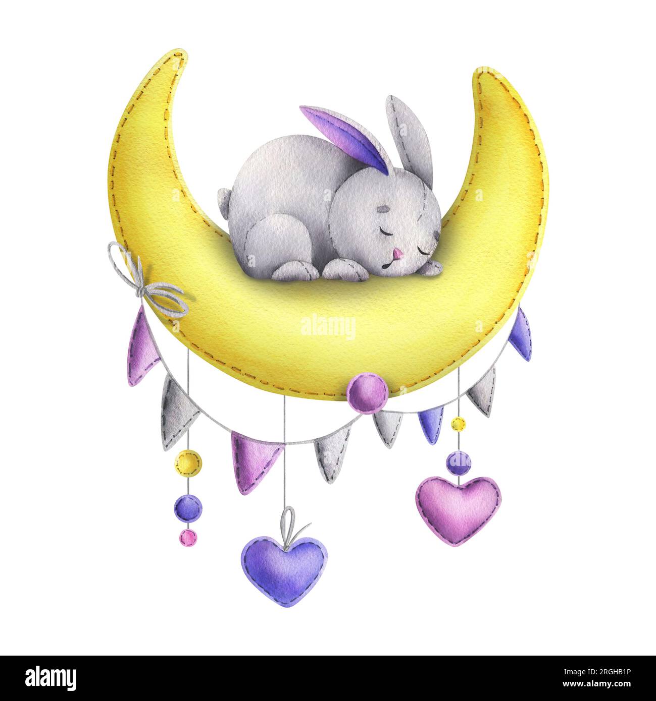 A cute gray stitched bunny lies and sleeps on a yellow moon with the ...