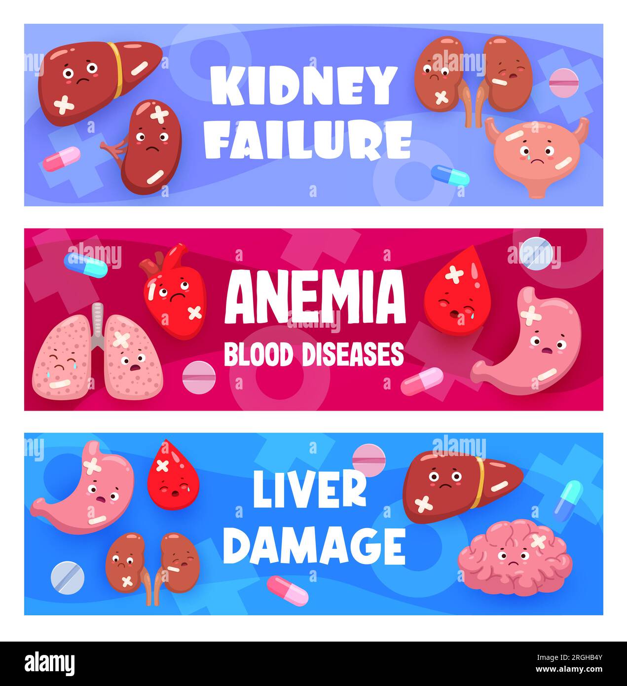 Anemia, kidney failure and liver damage diseases. Cartoon sick body ...