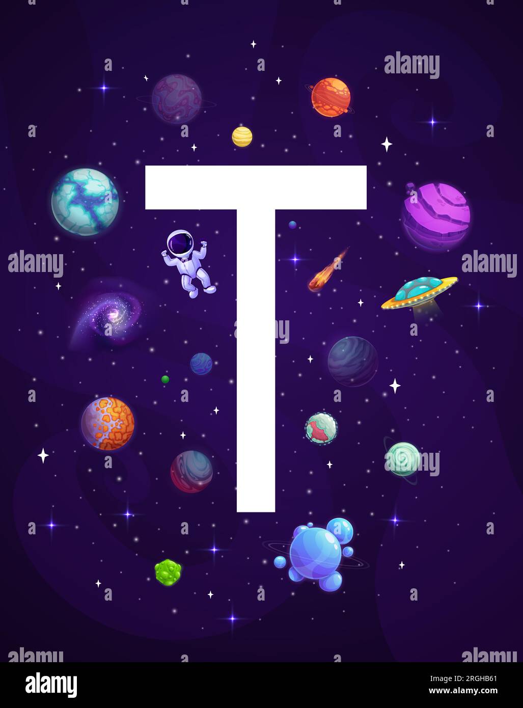 Cartoon space letter T with galaxy planets, astronaut and aliens UFO ...