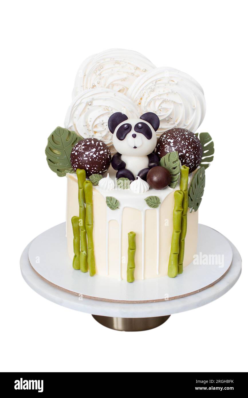 White birthday cake with cute panda bear on the top. Decorated with ...
