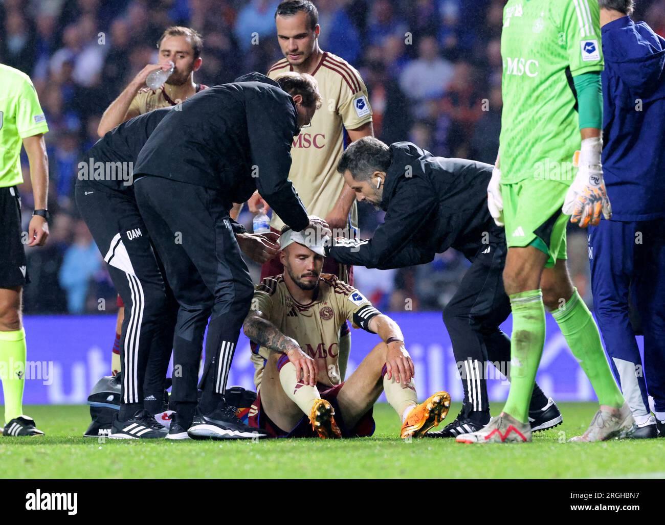 Servette FC's Steve Rouiller has his head bandaged after suffering an ...