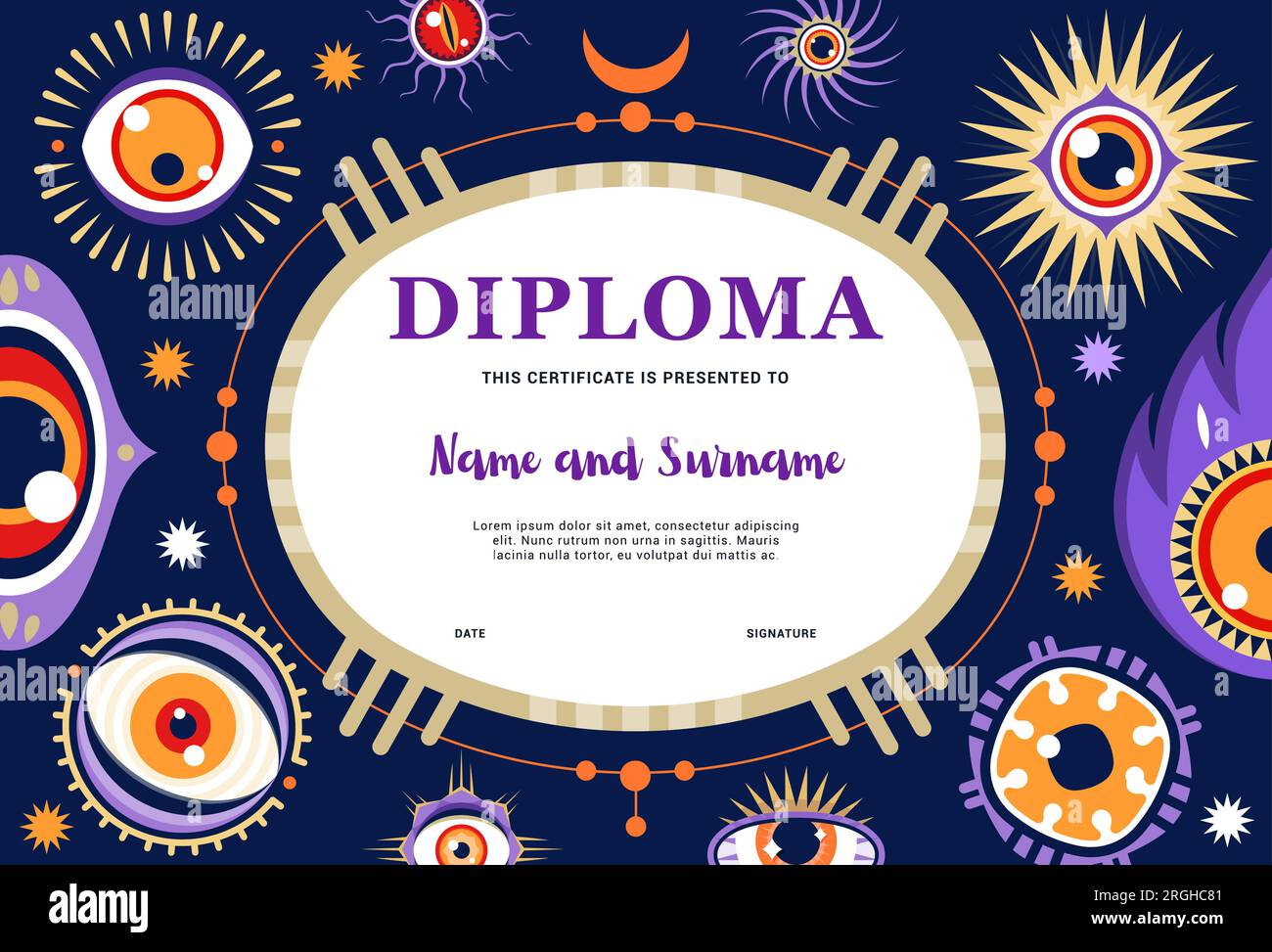 Kids wizard diploma with magical witchcraft eyes vector background ...