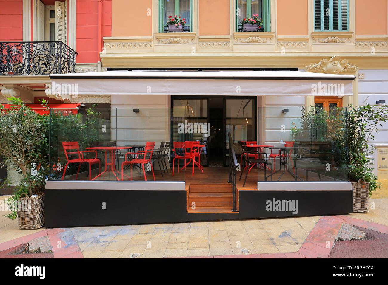Exterior outdoor terrace of summer cafe in Monaco Stock Photo - Alamy