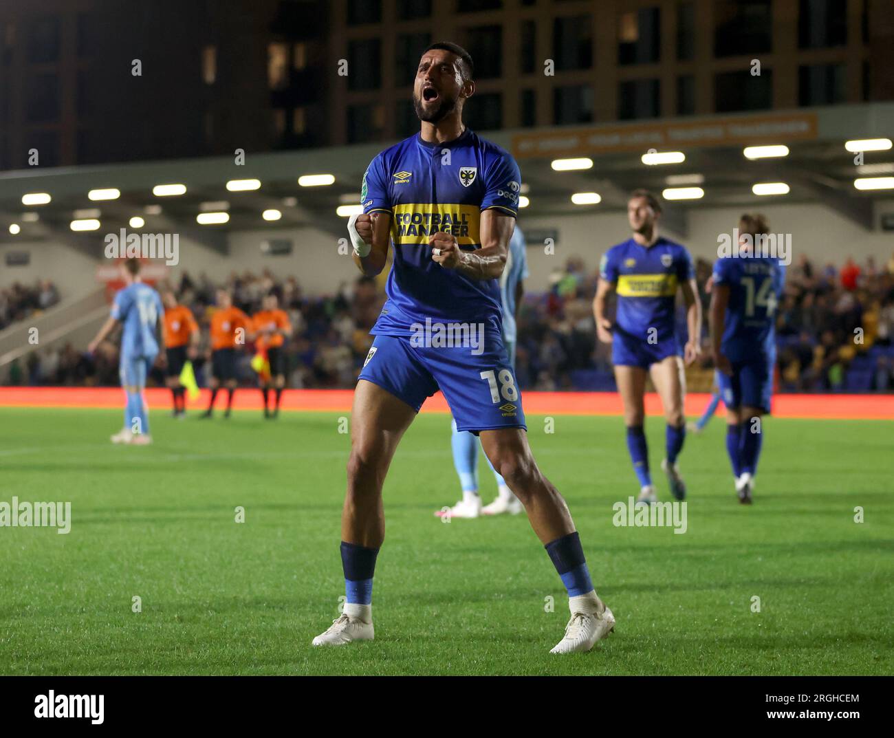 AFC Wimbledon's Omar Bugiel celebrates the win after the Carabao Cup ...