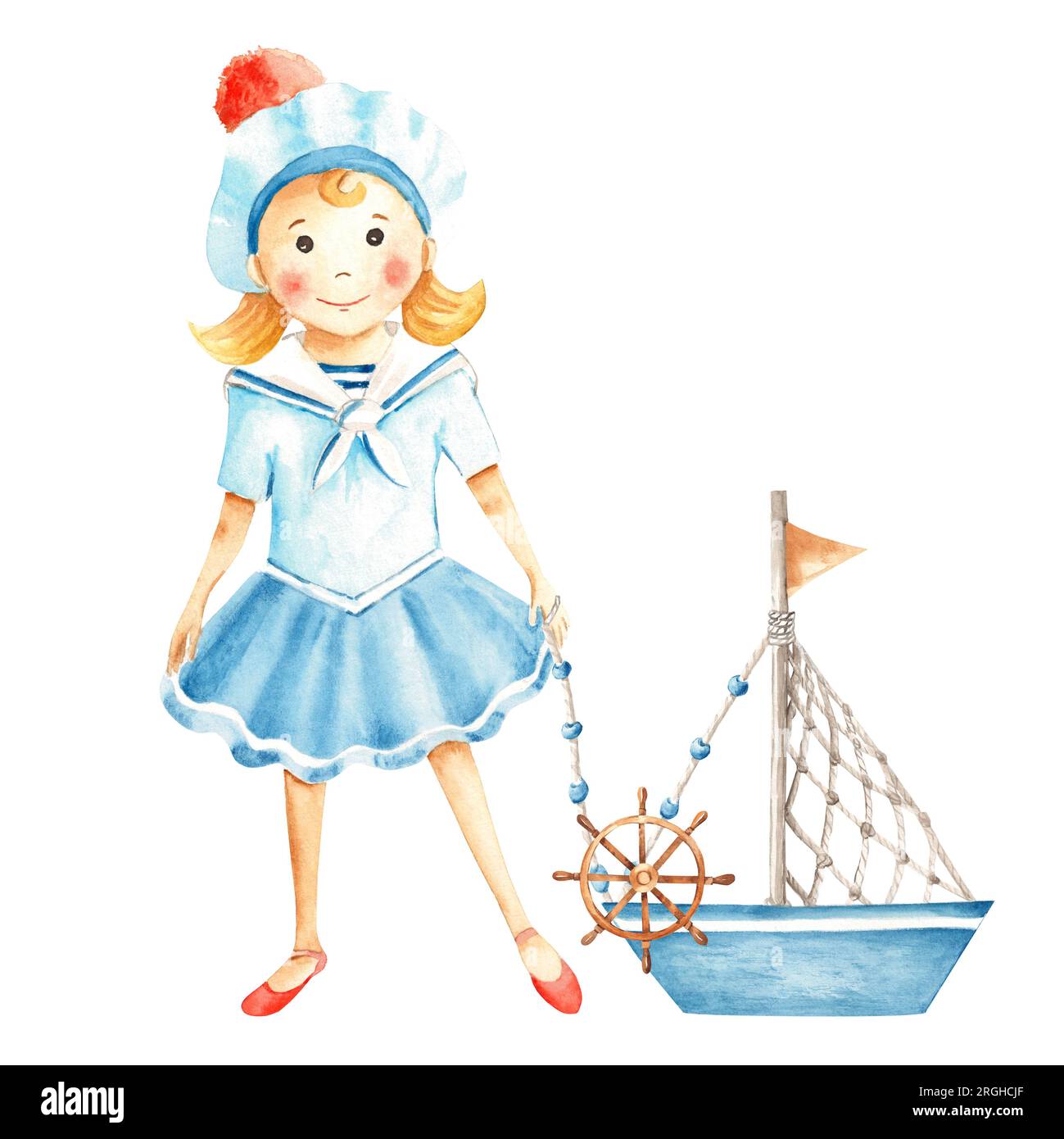 Cute little sailor girl in a marine dress with ship, boat with wooden ...