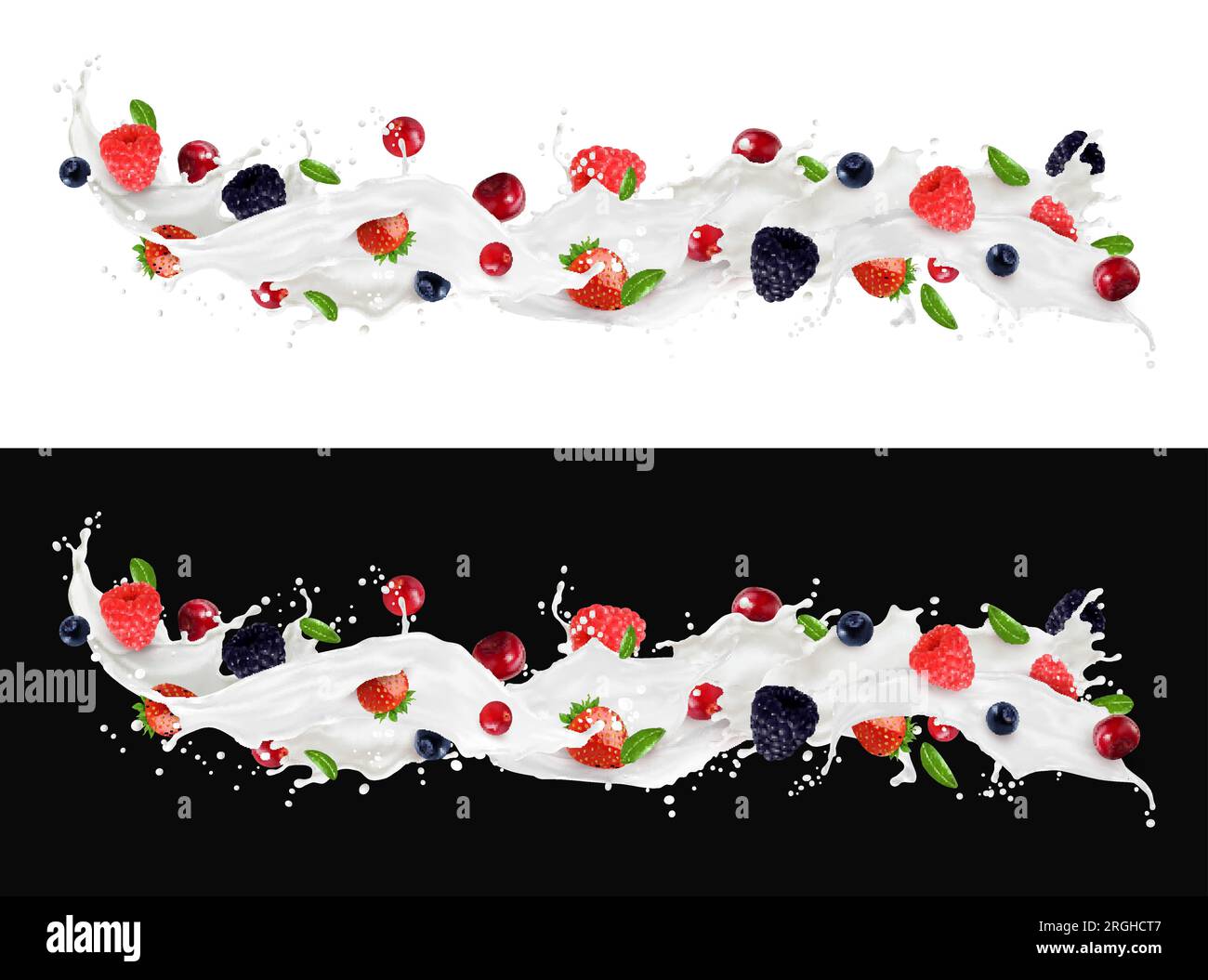 Realistic milk drink wave splash with berries, yogurt or dairy beverage ...